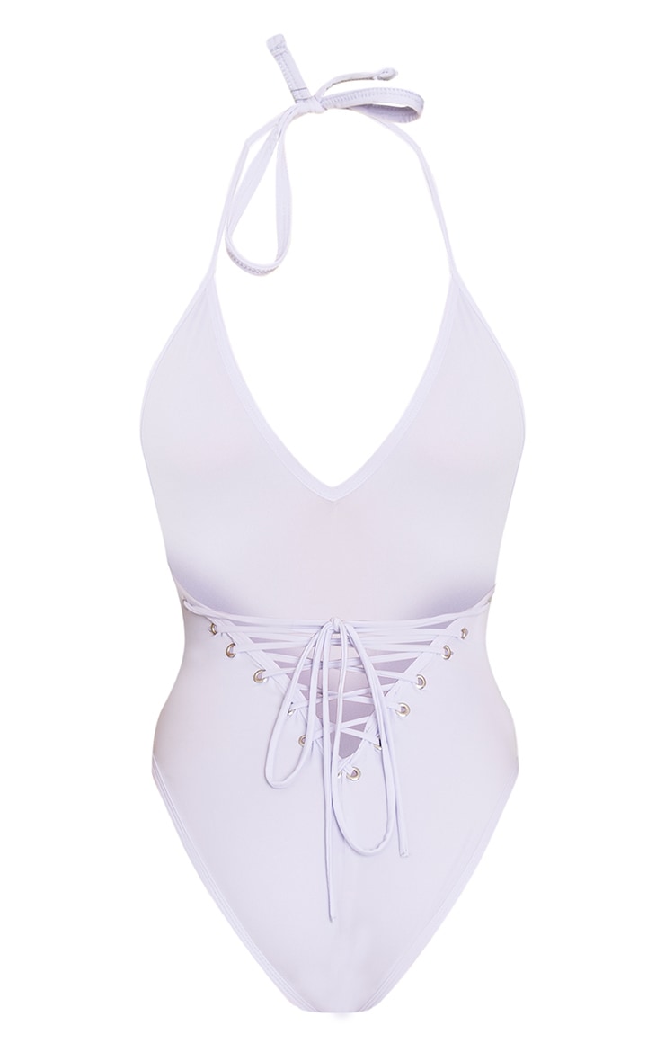 Catherine Lilac Tie Back Plunge Swimsuit Swimwear Prettylittlething