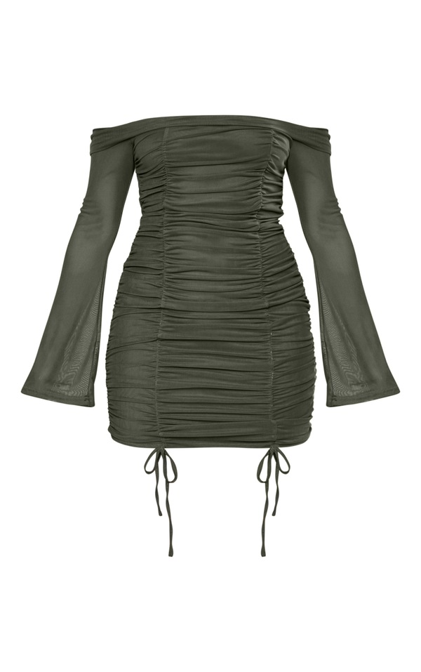 Khaki Mesh Bardot Extreme Ruched Bodycon Dress | Dresses | PLT