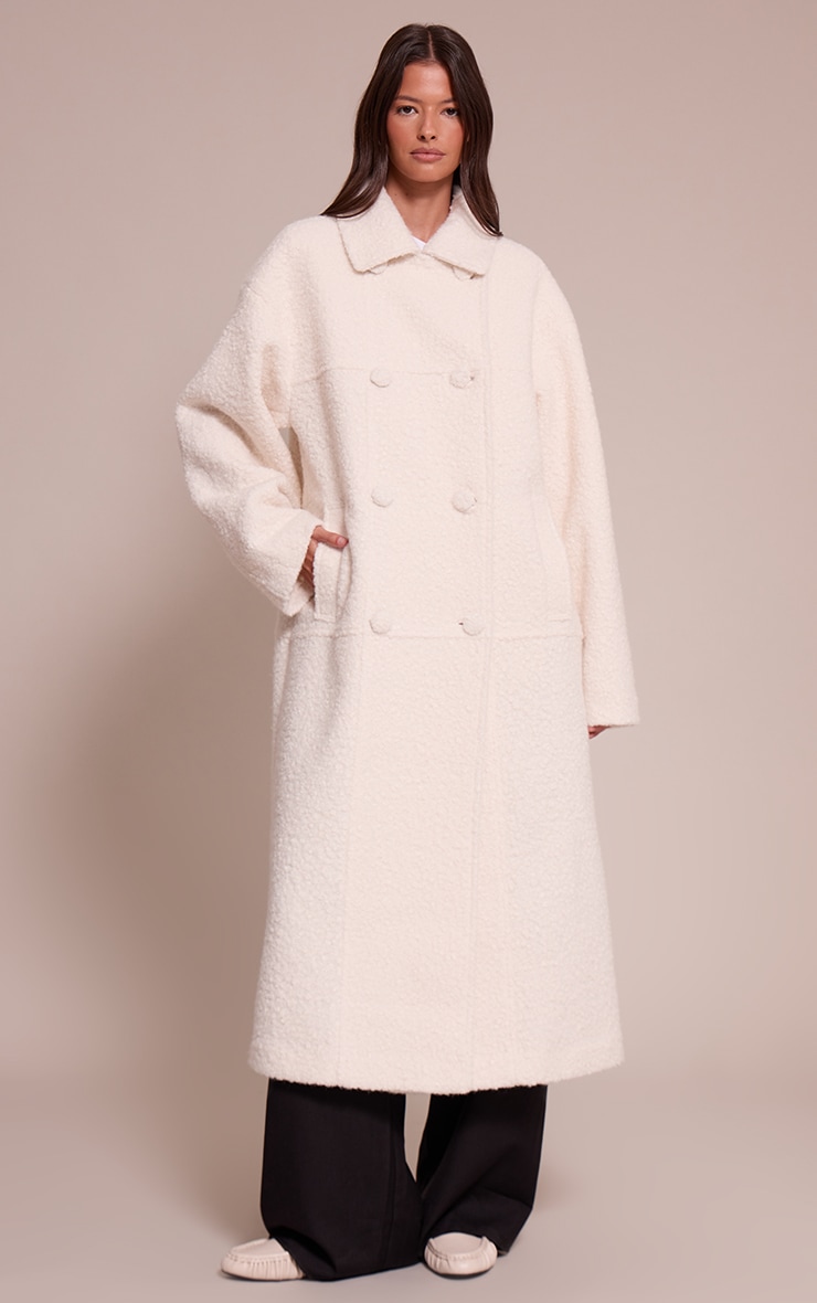 Ecru Boucle Double Breasted Maxi Coat | Outerwear | PLT