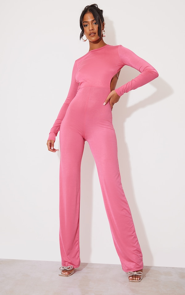Tall Hot Pink Slinky Diamante Back Jumpsuit | Tall | PLT