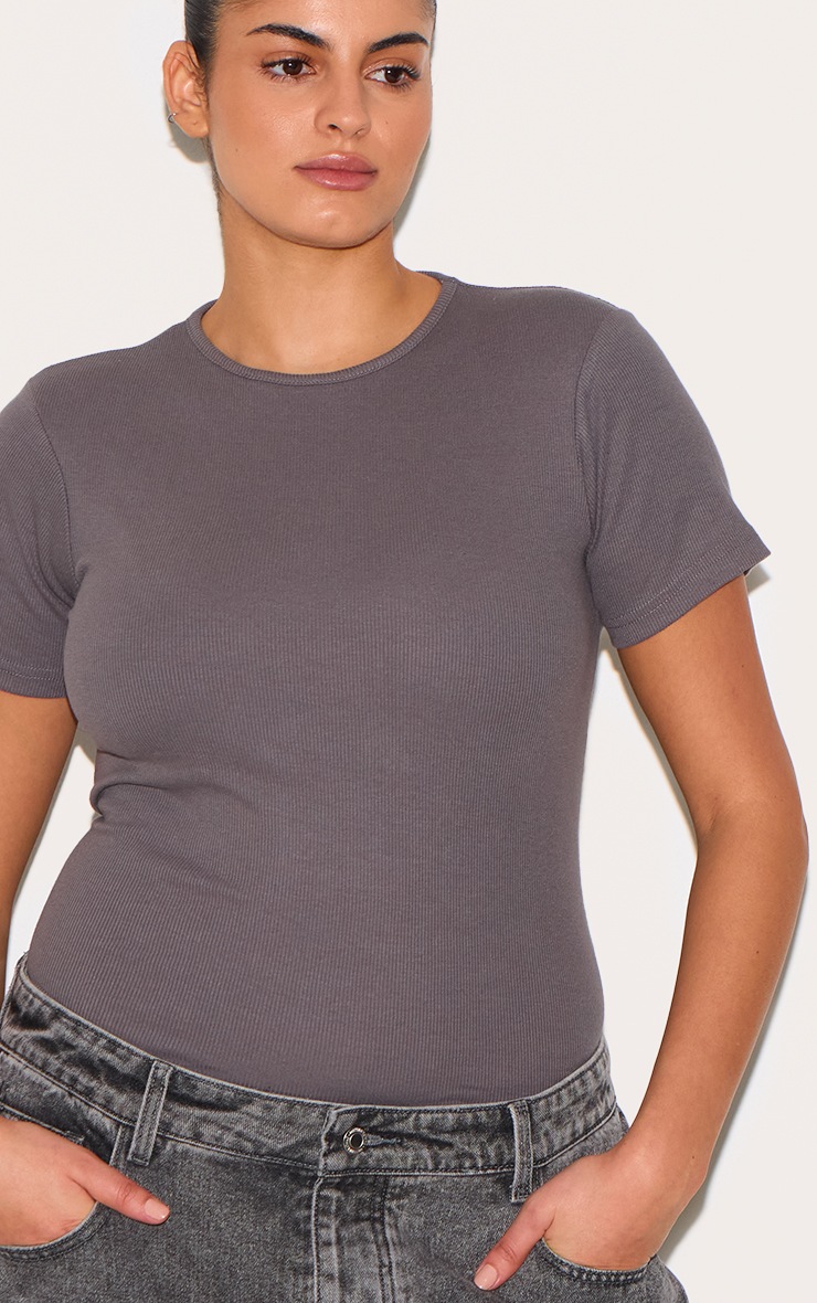 Plus Charcoal Grey Basic Rib Short Sleeve Top | Plus Size | PLT