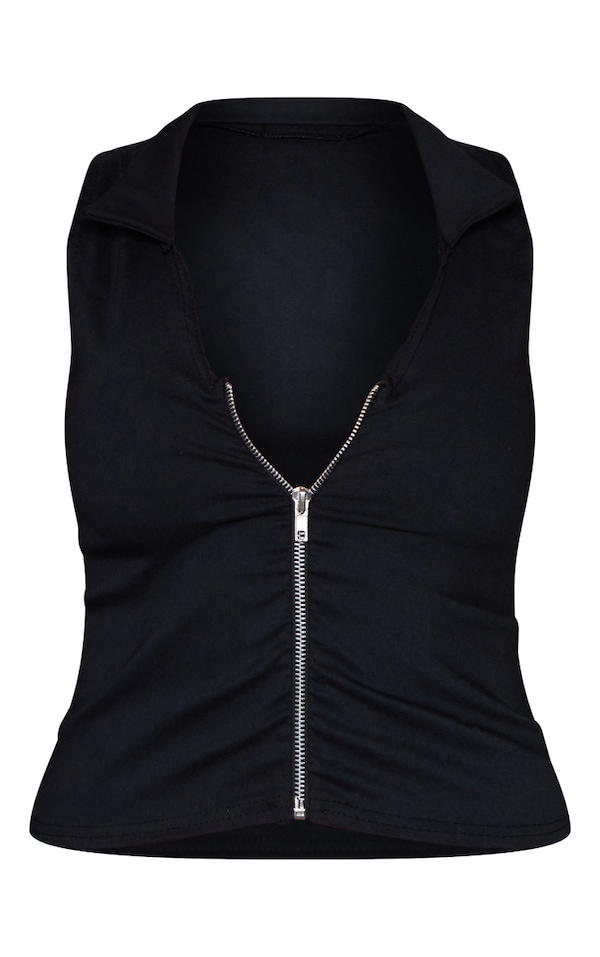 Black Stretch Woven Zip Through Sleeveless Top | Co-ords | PLT