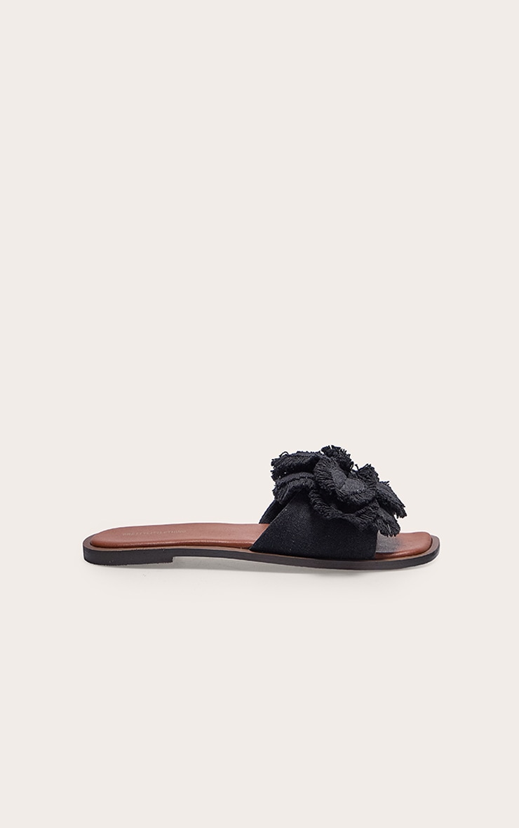 Black Linen Round Toe Flower Strap Mule Sandals | Footwear | PLT