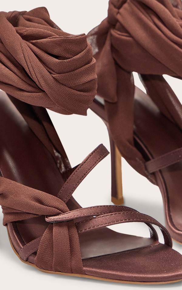 Chocolate Satin Round Toe Ribbon High Heel Sandals | Footwear | PLT