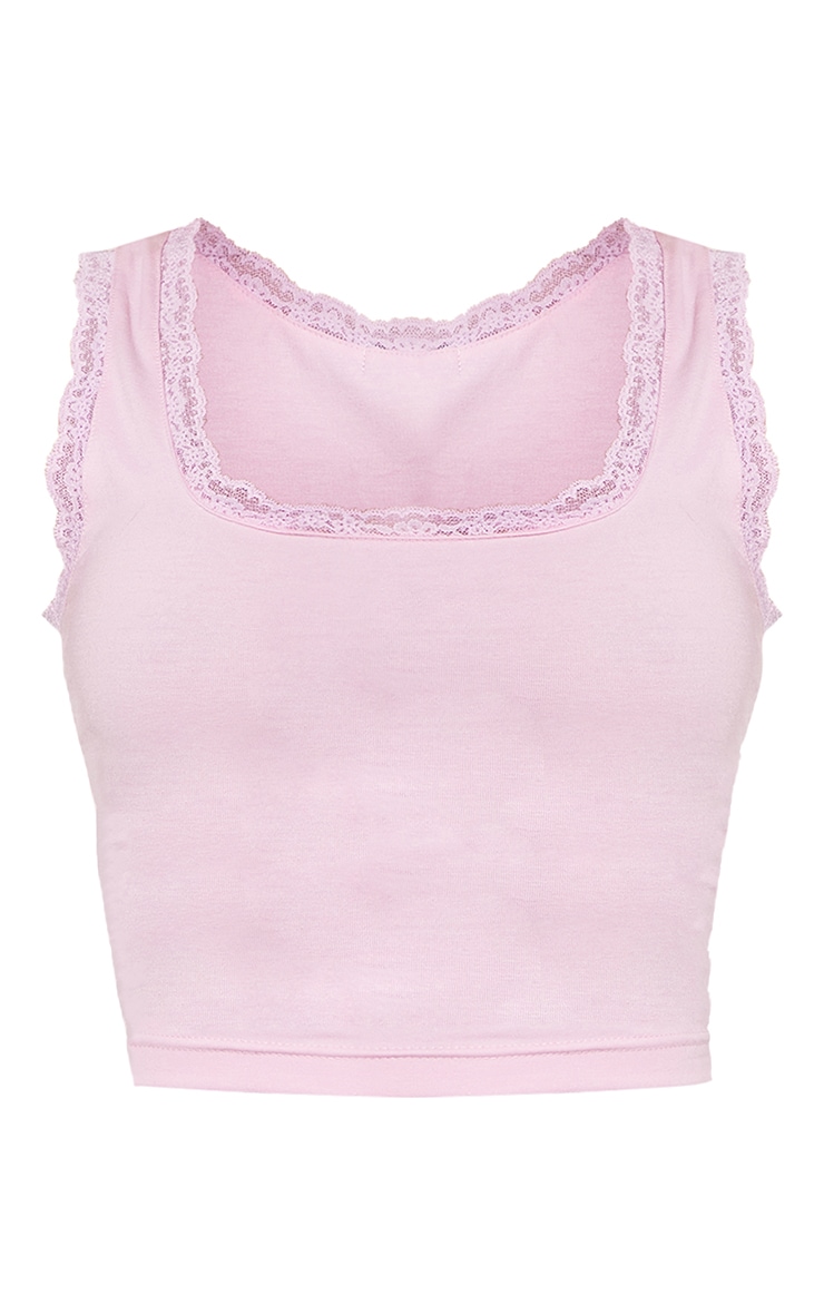 Pink Jersey Lace Trim Scoop Neck Pj Vest | PrettyLittleThing