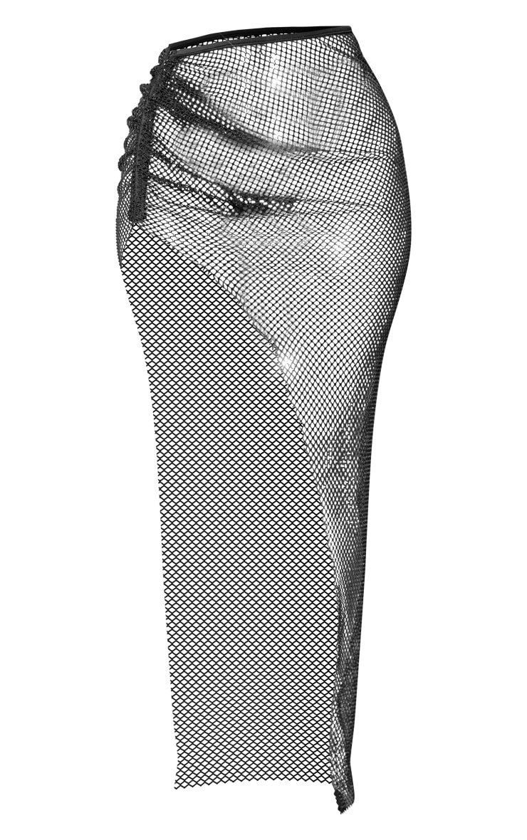 Black Fishnet Diamante Ruched Beach Maxi Skirt | PrettyLittleThing