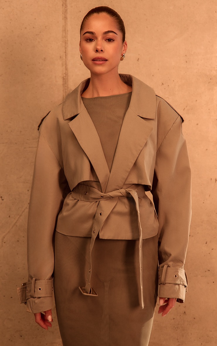 PLT Label Taupe Belt Detail Cropped Trench Coat | Outerwear ...