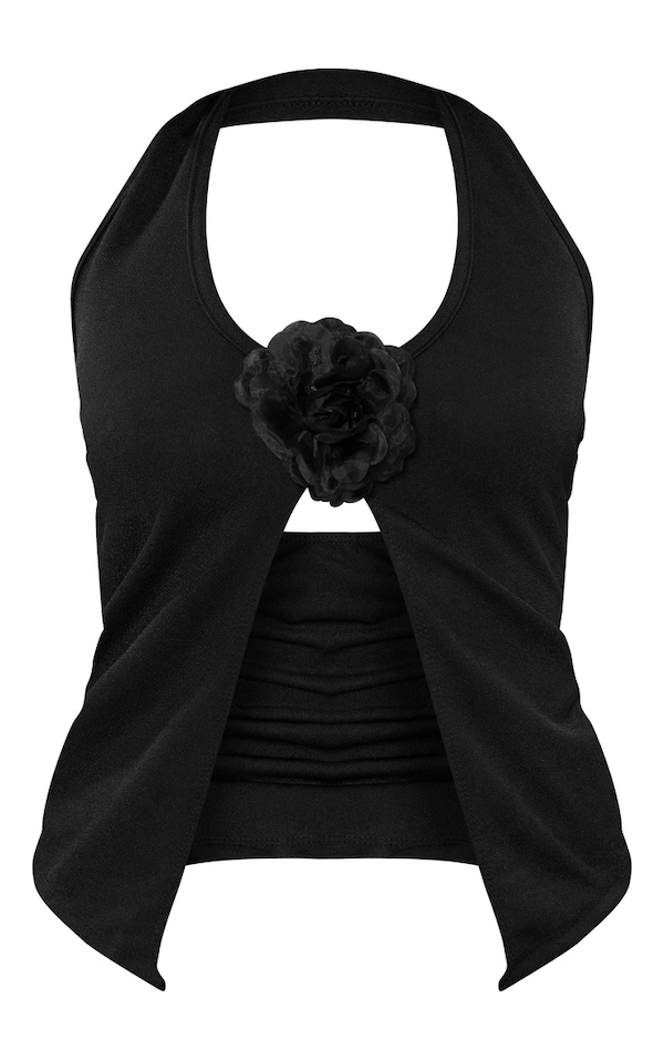 Petite Black Halterneck Open Crop Top With Rose | Petite ...