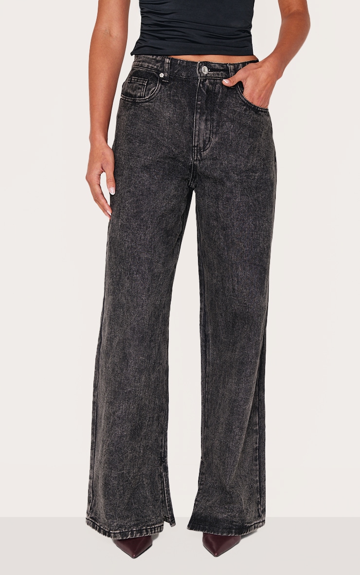 Dark Grey High Rise Split Hem Wide Leg Jeans | Denim | PLT