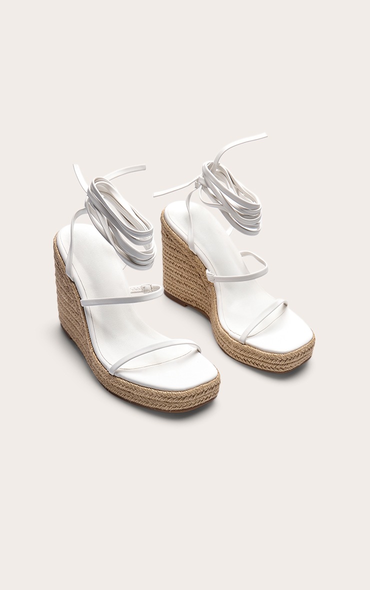 White Pu Square Toe Espadrille High Heeled Wedges | Footwear | PLT