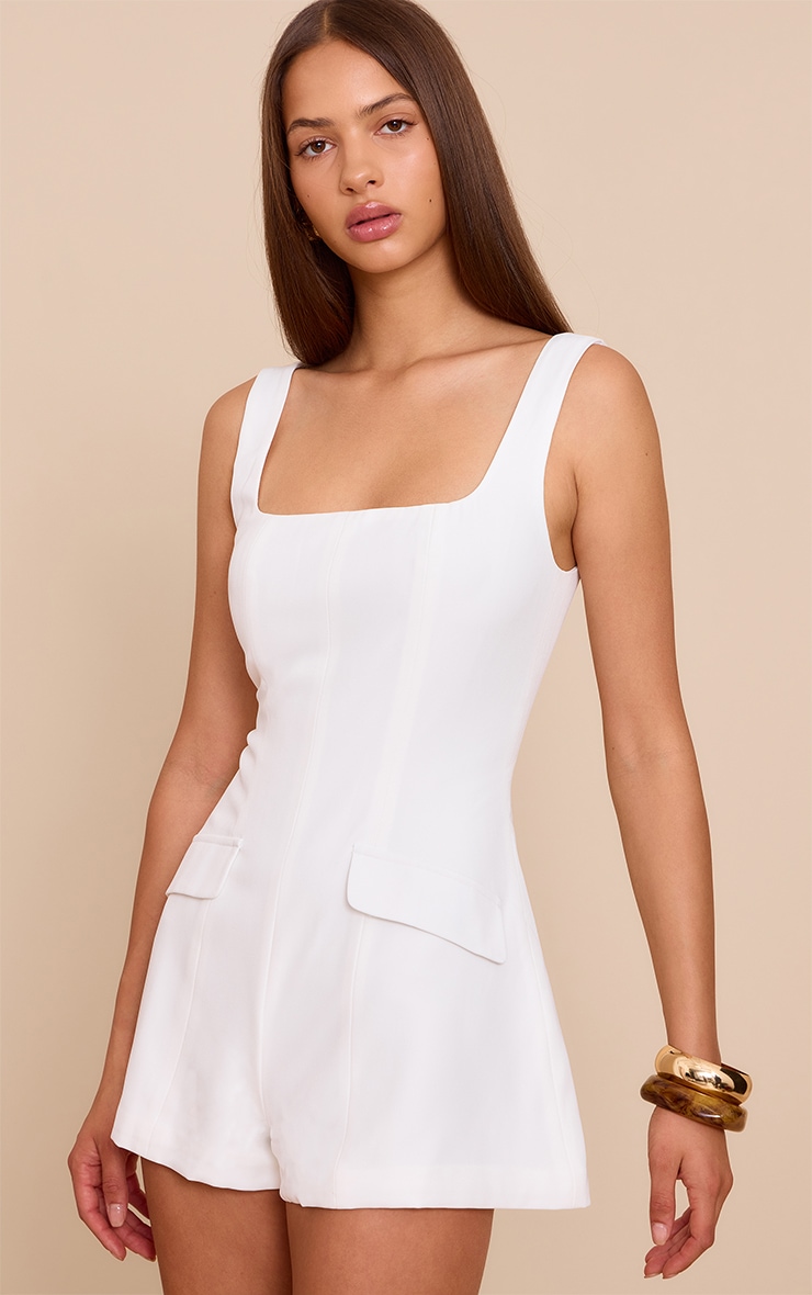 White Woven Pocket Detail Playsuit | Dresses | PLT