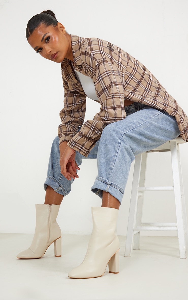 Cream Wide Fit PU Round Toe Back Zip High Block Heeled Ankle Boots ...