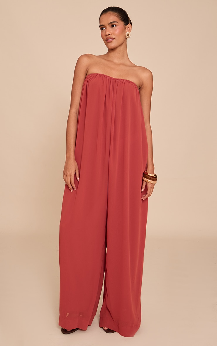 Rust Chiffon Bandeau Puffball Jumpsuit | Dresses | PLT