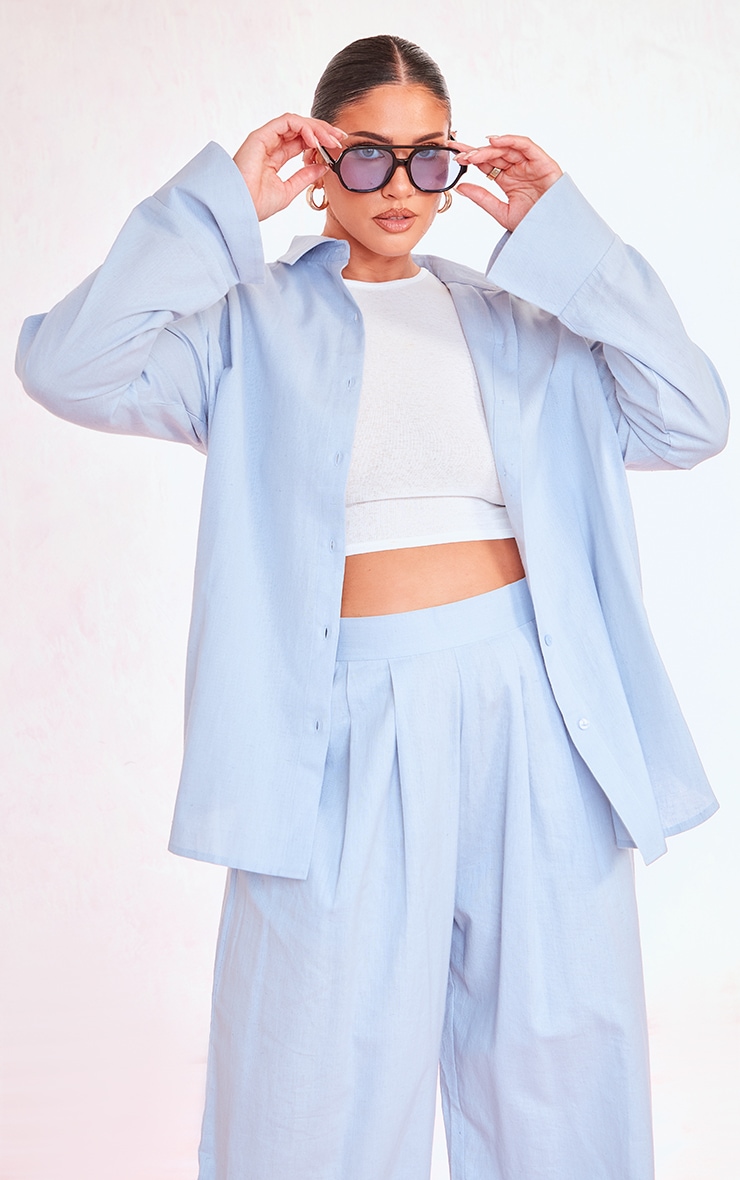 Plus Dusty Blue Linen Look Shirt | Plus Size | PrettyLittleThing AUS