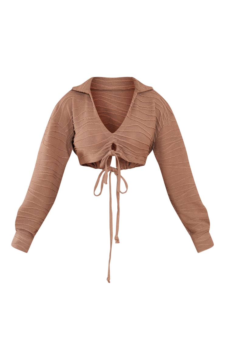 Chocolate Drawstring Back Tie Ruched Crop Shirt | Tops | PLT