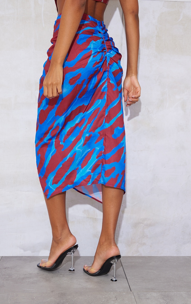 Blue Abstract Woven Open Drape Front Midi Skirt | Bottoms | PLT