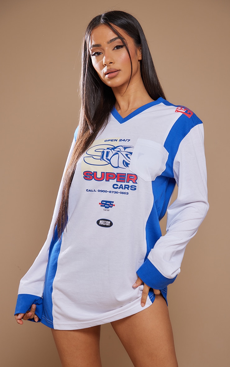 Petite Blue Motorsport Graphic T Shirt Dress | PrettyLittleThing USA