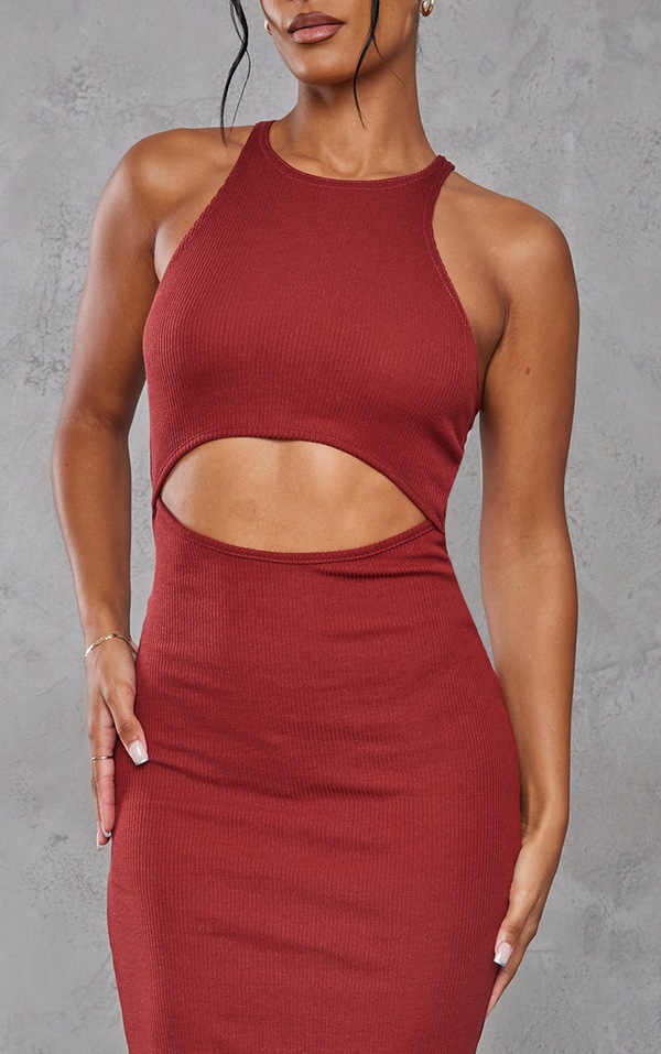 Burgundy Cut Out Racer Neck Rib Bodycon Dress | Dresses | PLT USA