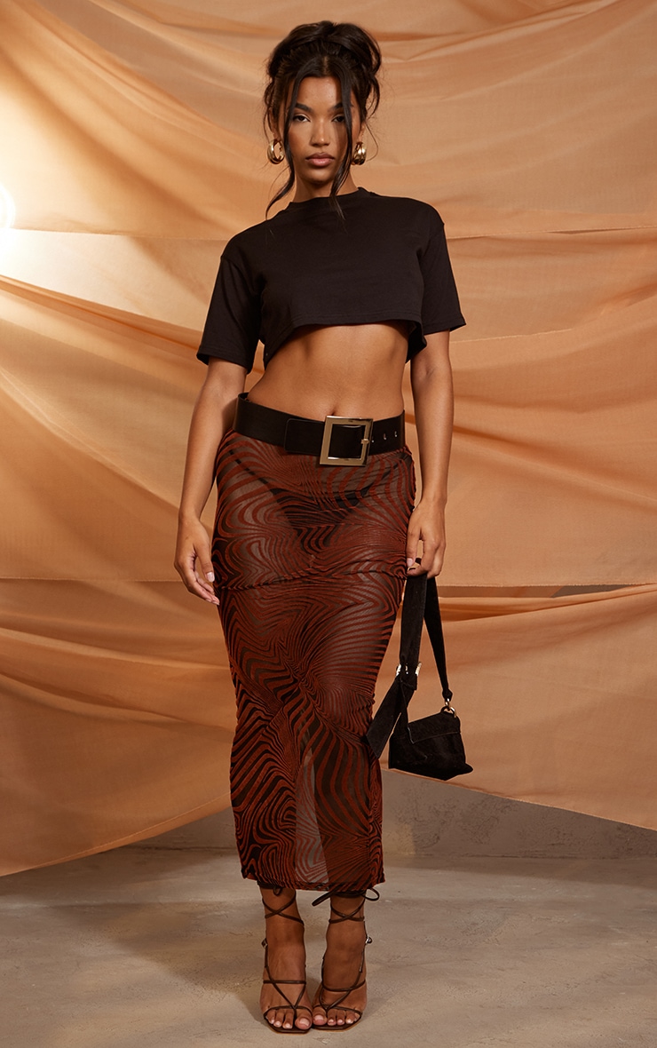 Brown Swirl Devore Mesh Low Rise Midaxi Skirt | Bottoms | PLT