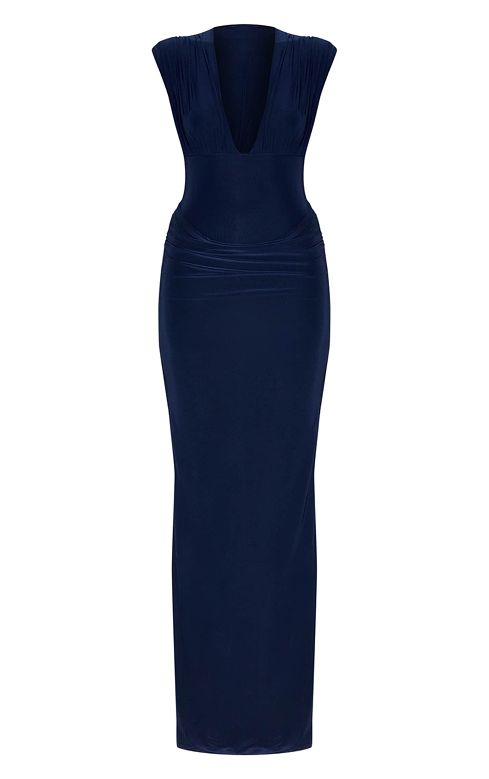 Navy Double Layer Shoulder Drape Waist Maxi Dress | Dresses | PLT