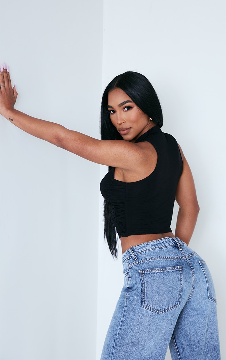 Black Jersey Ruched Front Detail Crop Top | PrettyLittleThing