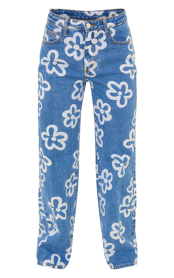 Mid Blue Wash Flower Print Straight Leg Jeans | Denim | PLT