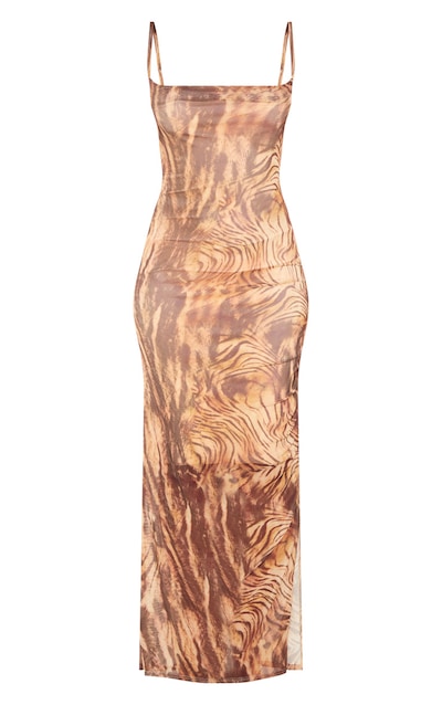 Brown Printed Mesh Ruched Maxi Dress | Dresses | PrettyLittleThing USA