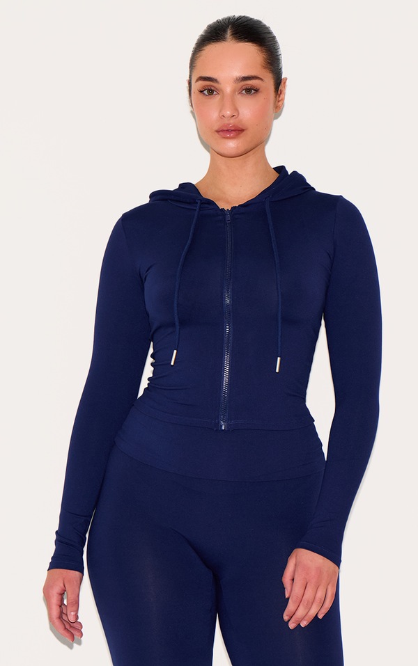 Shape Navy Sculpted Zip Through Hoodie | Shape | PrettyLittleThing CA