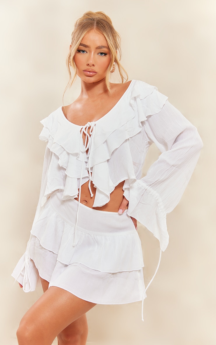 White Cheesecloth Ruffle Trim Floaty Blouse | Co-ords ...