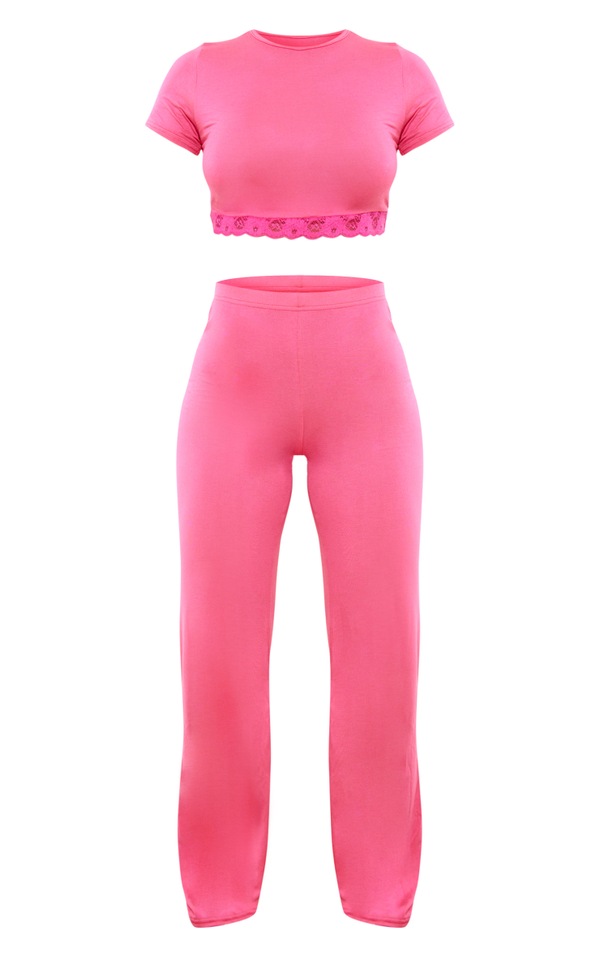 Hot Pink Jersey Lace Trim Long PJ Set | Lingerie & Nightwear ...
