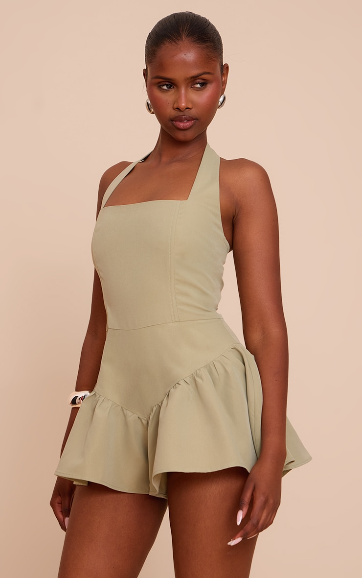 Sage Halter Neck Drop Waist Floaty Playsuit | Dresses | PLT