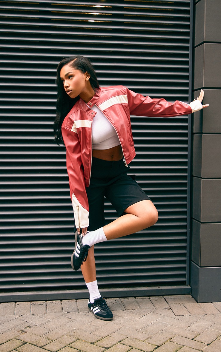 Red PU Racer Neck Pleated Detail Jacket | Outerwear | PrettyLittleThing USA