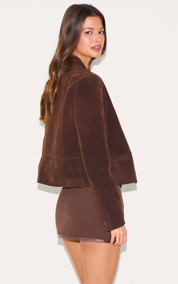 Brown Faux Suede Cropped Blazer | Outerwear | PLT