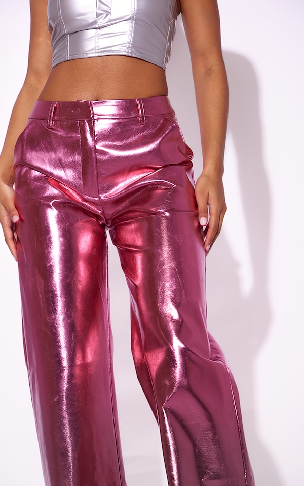 Pink Metallic PU Straight Leg Tailored Pants | Bottoms ...