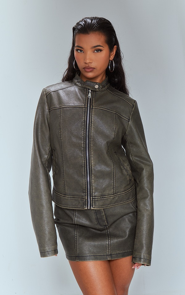 Brown Washed Faux Leather Oversized Seam Jacket | PrettyLittleThing