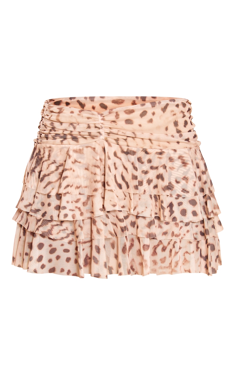 Brown Printed Mesh Frilly Low Waist Mini Skirt | Bottoms | PLT USA