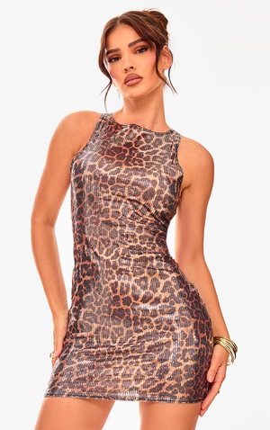 Leopard Print Sequin Racer Neck Mini Dress | Dresses | PrettyLittleThing CA