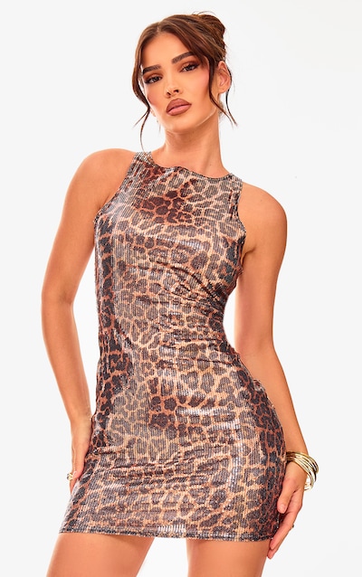 Leopard Print Sequin Racer Neck Mini Dress | Dresses | PrettyLittleThing CA