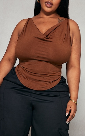 Plus Brown Cowl Front Drape Top | Plus Size | PrettyLittleThing USA