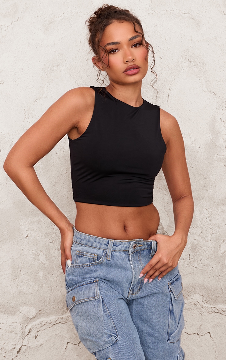 Petite Black Slinky Racer Crop Top | Petite | PrettyLittleThing AUS