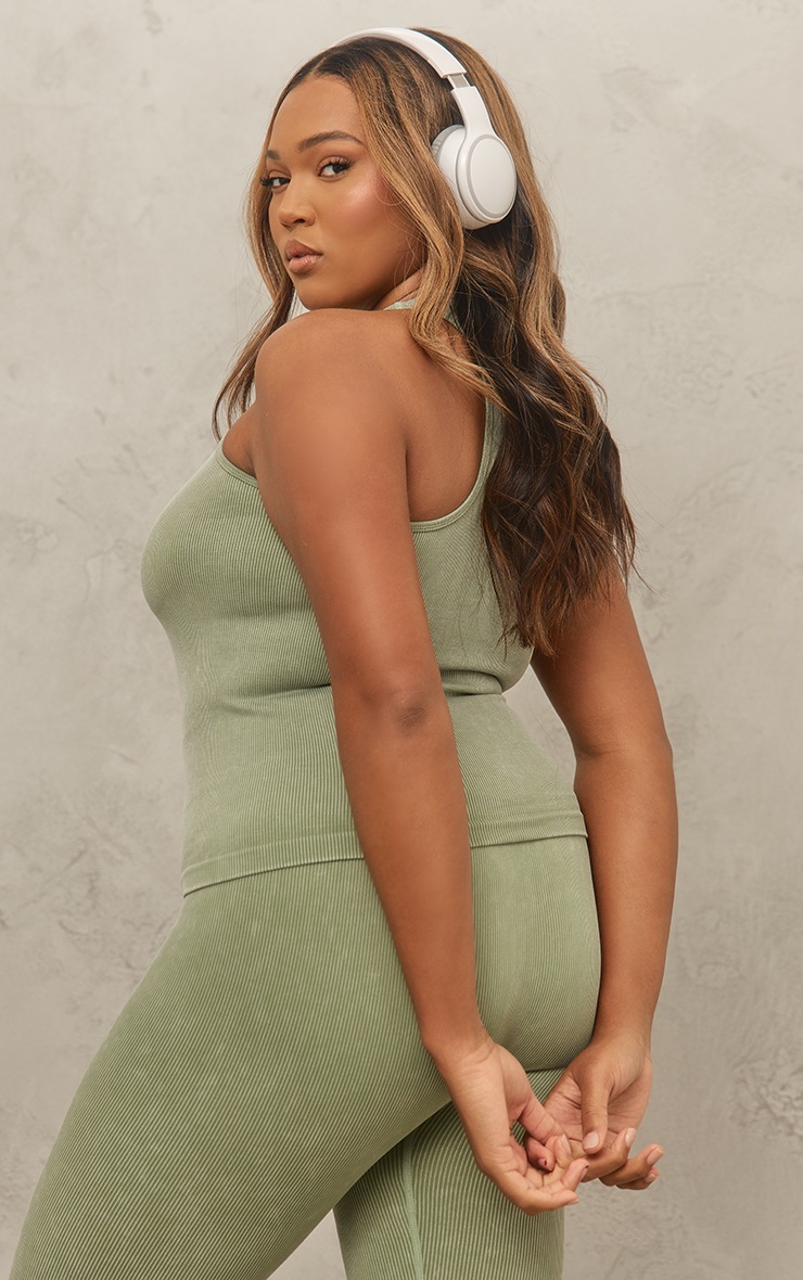 Plus Khaki Acid Wash Rib Halter Neck Gym Top | Athleisure | PLT