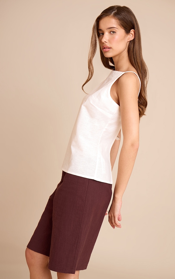 White Linen Blend Back Detail Long Cami Top | Tops | PLT