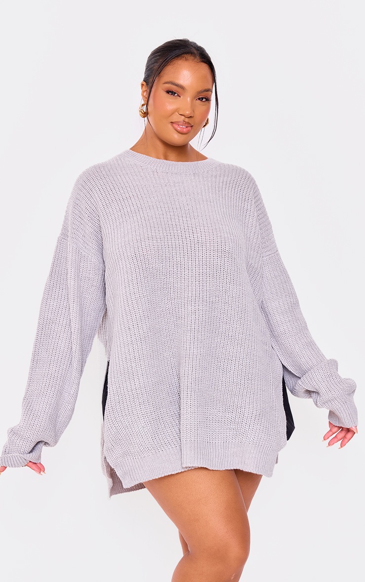 Plus Grey Round Neck Side Split Sweater | PrettyLittleThing USA