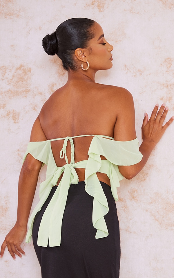 Light Lime Chiffon Frill Bardot Long Top | Tops | PLT USA