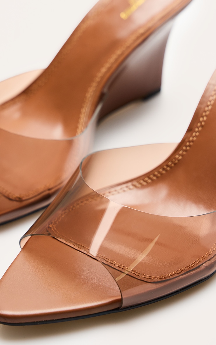 Brown Wide Fit Perspex Strap Heeled Wedges | Footwear | PLT