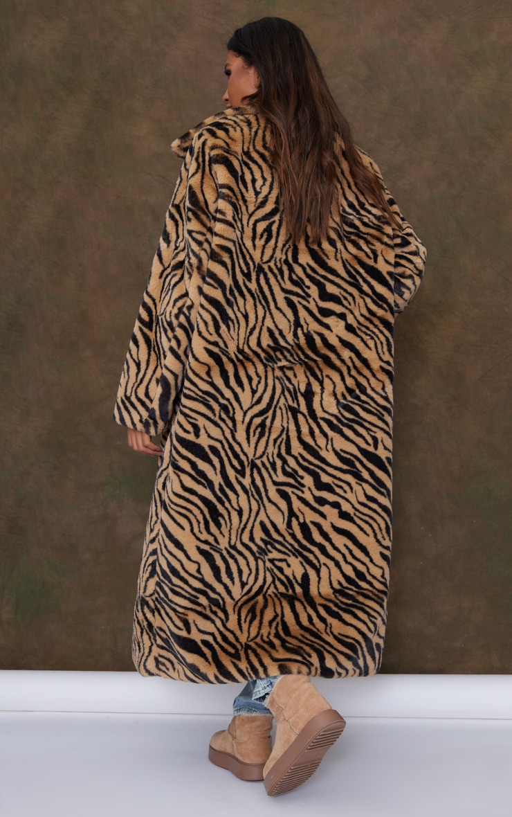 Tiger Print Maxi Faux Fur Coat | Outerwear | PrettyLittleThing USA