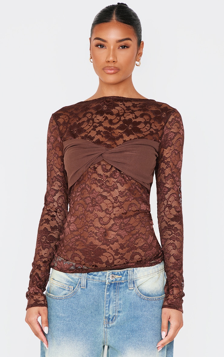 Chocolate Bust Detail Lace Long Top | Tops | PrettyLittleThing QA
