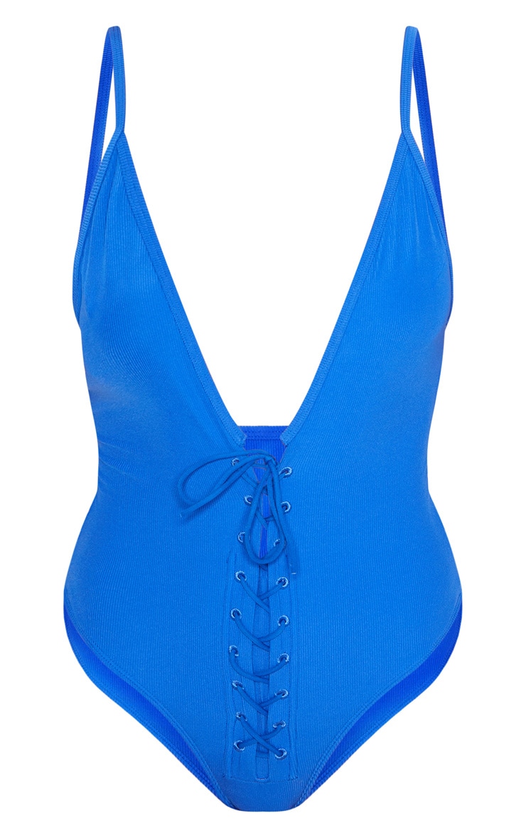 Cobalt Ribbed Lace Up Front Swimsuit | PrettyLittleThing