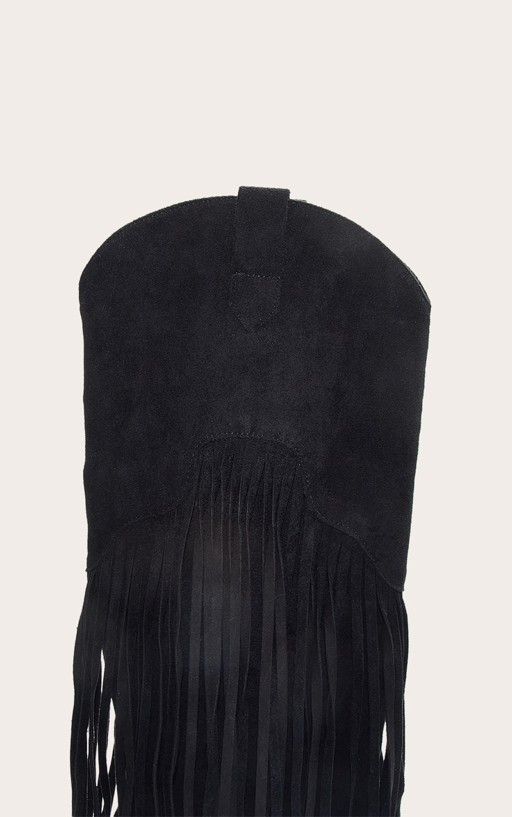 Black Fringed Heel Knee High Western Boots | Footwear ...