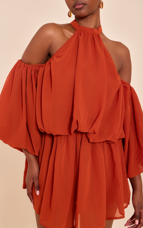 Rust Chiffon Ruffle Off Shoulder Playsuit | Dresses | PLT